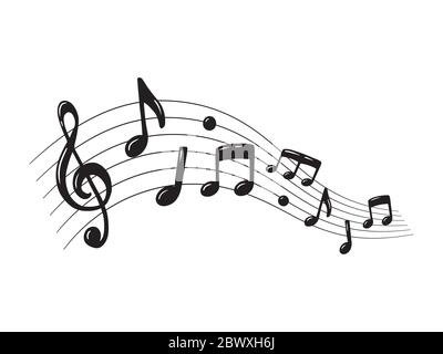 Music wave with notes. Musical swirling line. Isolated sound art vector ...