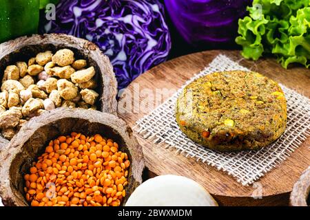 vegan burger without meat. Home made with vegetables, chickpeas, soy ...
