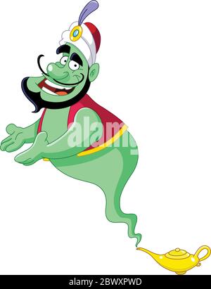 Genie coming out of magic lamp cartoon character sticker illustration ...