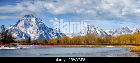Snow Covered Mount Moran with Frozen Snake River at OxBow Bend,in the ...