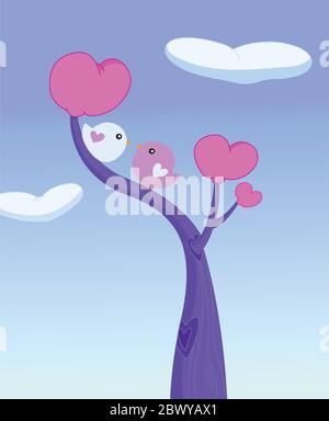 Love Bird Tree with Cute Birds In Love. Vector Card for Valentine Day ...