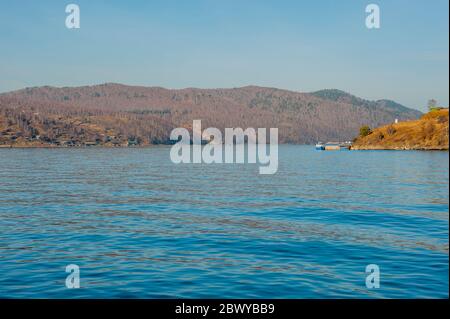 View of Lake Baikal where the Angara River drains the lake near Irkutsk ...