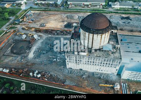 Unfinished nuclear power plant, circle metal construction dome roof ...