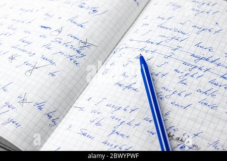 Sheets of school student notebook scribbled with a blue ballpoint pen ...
