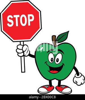Apple Mascot with Stop Sign - A cartoon illustration of an Apple Mascot ...