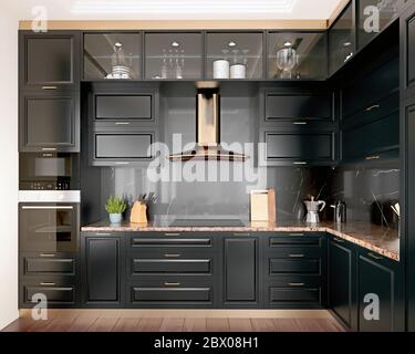 A 3D rendering of a modern kitchen with marble floor in white and black ...