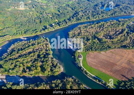 Aerial view of Drava river and Legrad village, Podravina region of ...