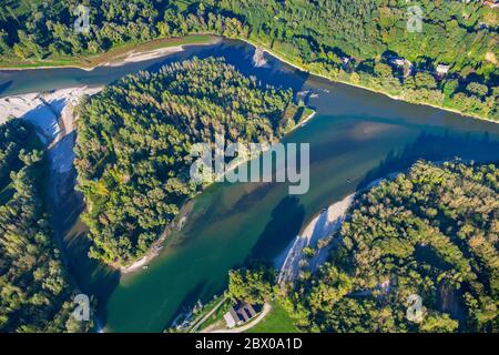Aerial view of Drava river and Legrad village, Podravina region of ...