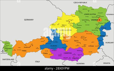 Colorful Austria political map with clearly labeled, separated layers ...