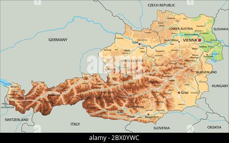 High detailed Austria physical map with labeling Stock Vector Image ...