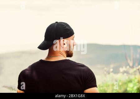 Masculinity and male energy. Power of nature. Discover world. Man ...