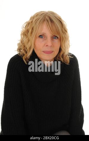 pretty blonde woman looking disappointed, isolated on white background ...