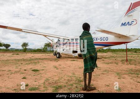 UGANDA, Karamoja, Kaabong, Cessna aircraft of MAF Mission Aviation ...