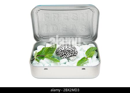 Tin box of breath mints with a human brain placed on top isolated on ...
