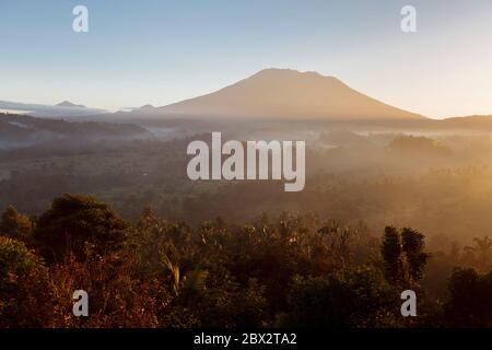 Indonesia, Bali, East, Sidemen, Patal Kikian hotel terrace, sunrise ...