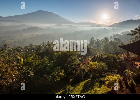 Indonesia, Bali, East, Sidemen, Patal Kikian hotel terrace, panoramic ...