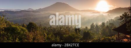Indonesia, Bali, East, Sidemen, Patal Kikian hotel terrace, sunrise ...