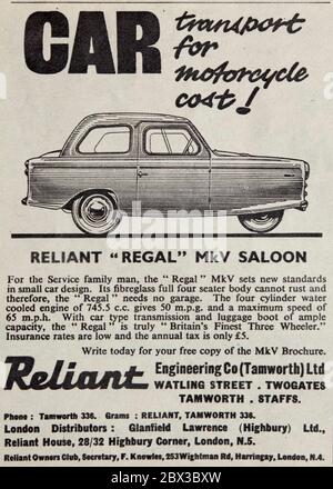 Vintage advertisement for the British Reliant Regal 3/25 three wheeled ...