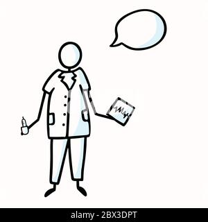 Hand Drawn Stick Figure Nurse with IV Drip & Speech Bubble. Concept ...