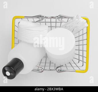 Different containers of body care products in the bathroom Stock Photo ...