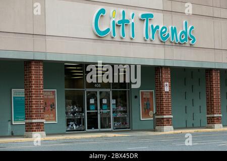 A logo sign outside of a Citi Trends retail store location in Salisbury ...