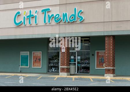 A logo sign outside of a Citi Trends retail store location in Salisbury ...