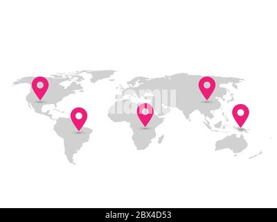 Map of World with navigation pointers. Grey map infographics with blue ...