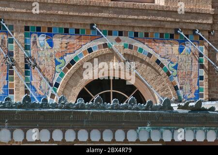 Art Deco/Spanish Colonial Revival tile work on facade of Hamilton Hotel ...