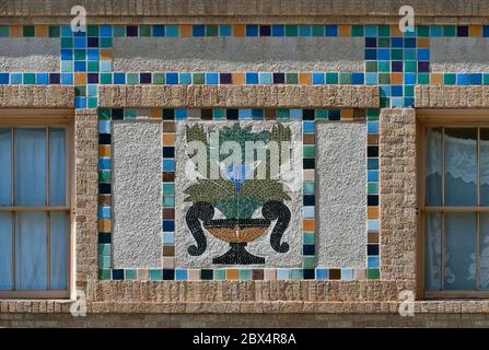 Art Deco/Spanish Colonial Revival tile work on facade of Hamilton Hotel ...