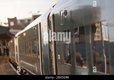 Azuma passenger train in GWR livery waiting at Bristol Temple Meads ...