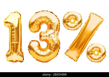 Number 13 thirteen made of golden inflatable balloons isolated on white ...