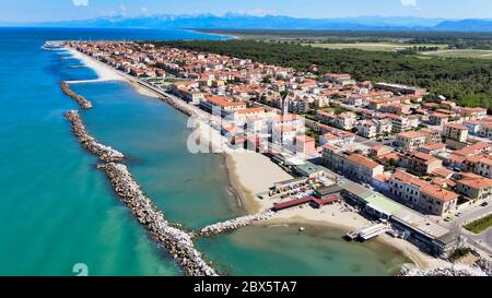 Amazing aerial view of Marina di Pisa coastline, Tuscany. Italian coast ...