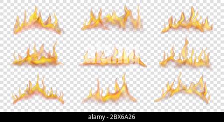 Set of translucent horizontal fire flames on transparent background ...