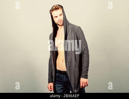 Masculinity and confidence. Man well groomed handsome hooded clothes ...