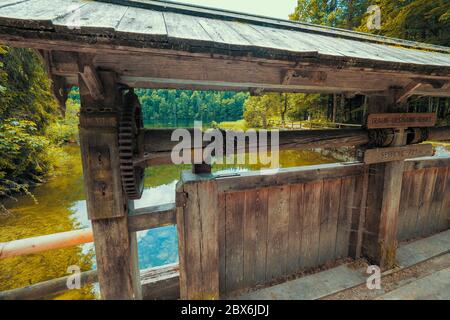 View of an ancient wooden watergate at the legendary Lake Toplitz ...