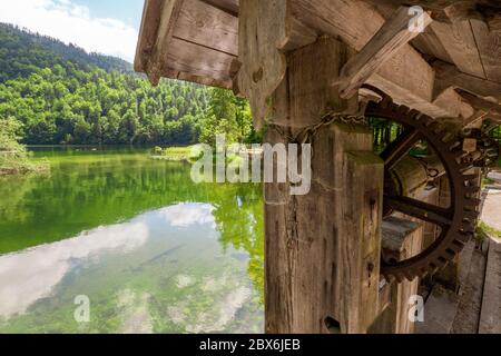 View of an ancient wooden watergate at the legendary Lake Toplitz ...