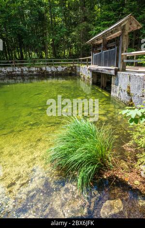 View of an ancient wooden watergate at the legendary Lake Toplitz ...