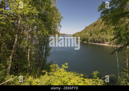 view to a barrier lake from a hiking trail in the Harz national park ...
