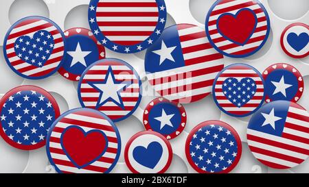 Vector illustration of various USA symbols in red and blue colors on ...