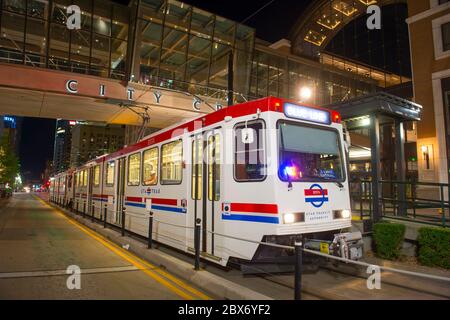 UTA TRAX light rail train on South Temple Street Salt Lake City with ...