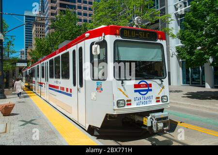 UTA TRAX light rail train on South Temple Street Salt Lake City with ...