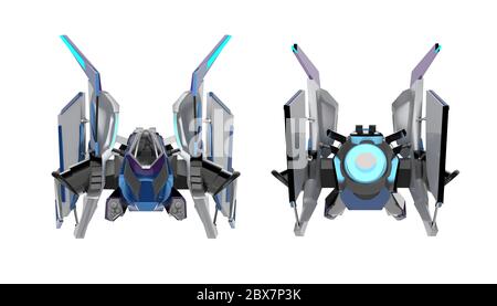 Futurisctic metal sci-fi spaceship with neon stripes and blue painted ...