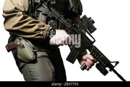 Isolated closeup photo of a male chest standing in brown military ...