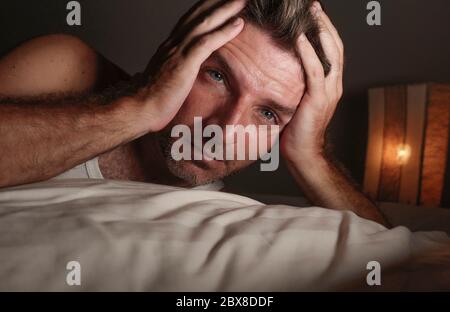 close up face portrait of sleepless and awake attractive man with eyes ...