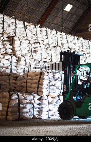 Forklift carries jumbo bag of refine white sugar to put on the stack ...