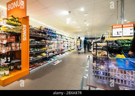 Interior of an Albert Heijn supermarket with offers, drinks, vegetables ...