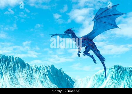 blue ice dragon floating and landing on frozen land, 3d illustration ...