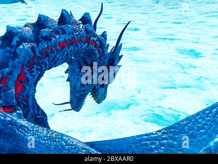 blue ice dragon floating on frozen land rear view, 3d illustration ...