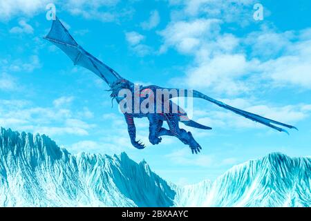 blue ice dragon just flying on frozen land, 3d illustration Stock Photo ...