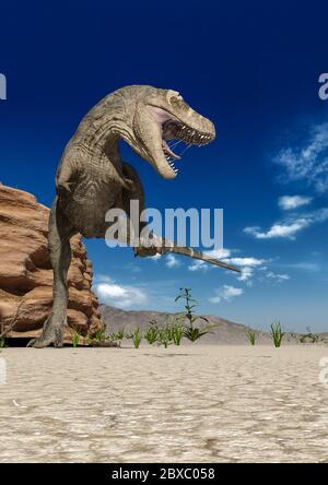 t rex the strongest dinosaur is angry in the sand and stone. This ...
